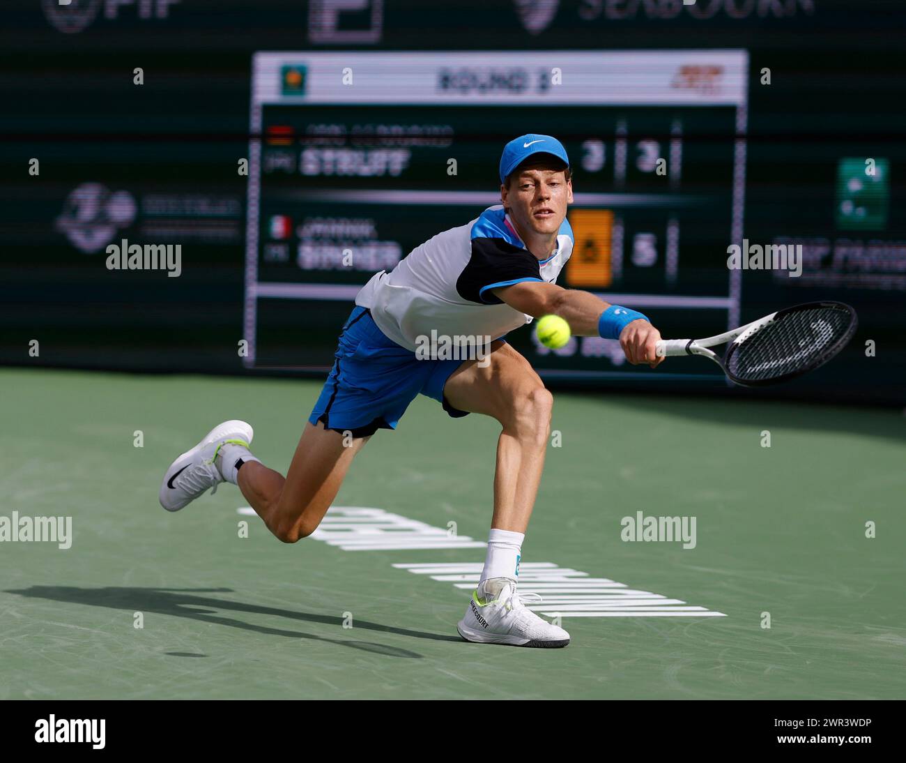 March 10, 2024 Jannik Sinner of Italy returns a shot against Jan ...