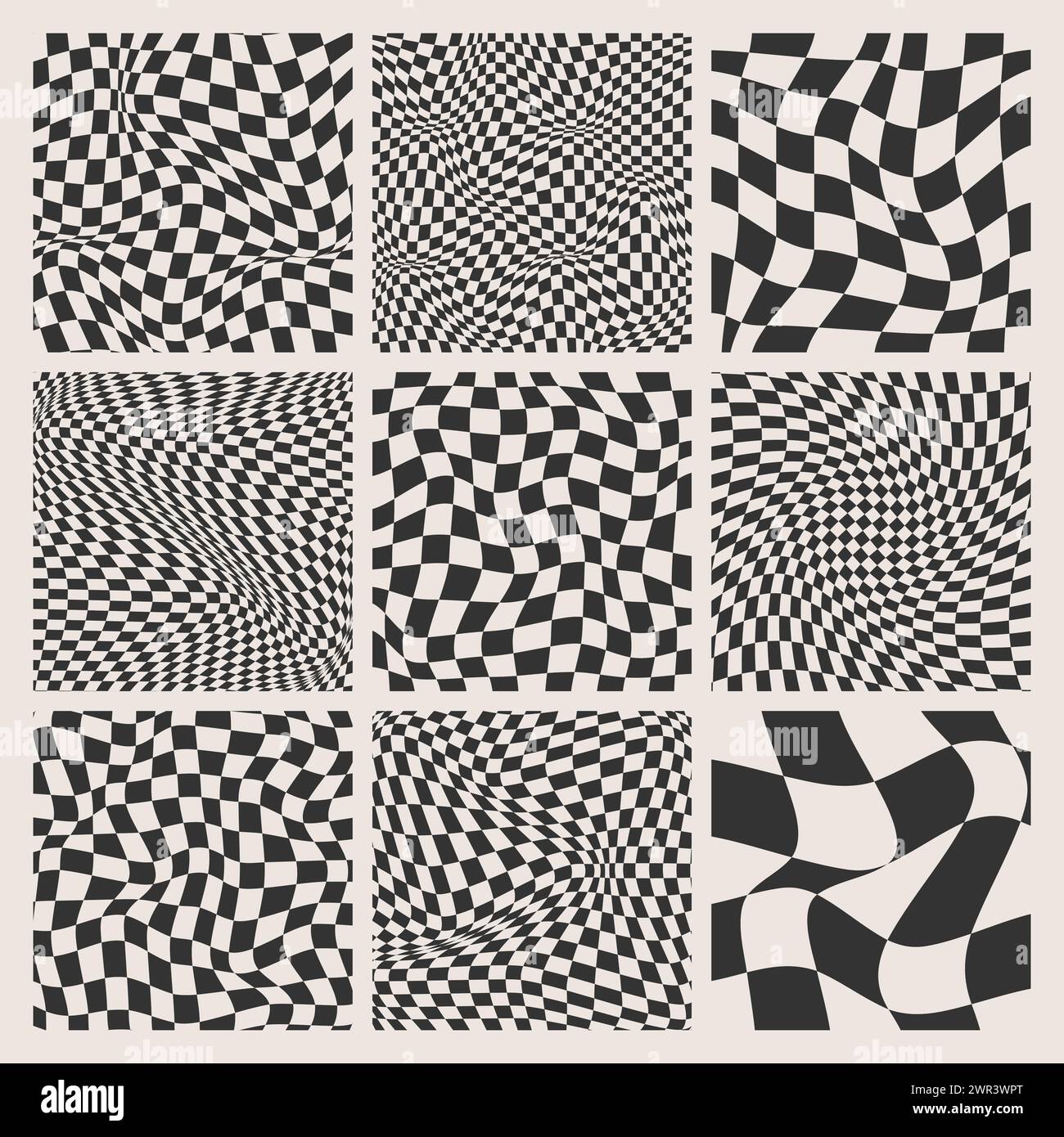 Trendy checkered pattern, black and white distorted tiled grid. Wavy ...