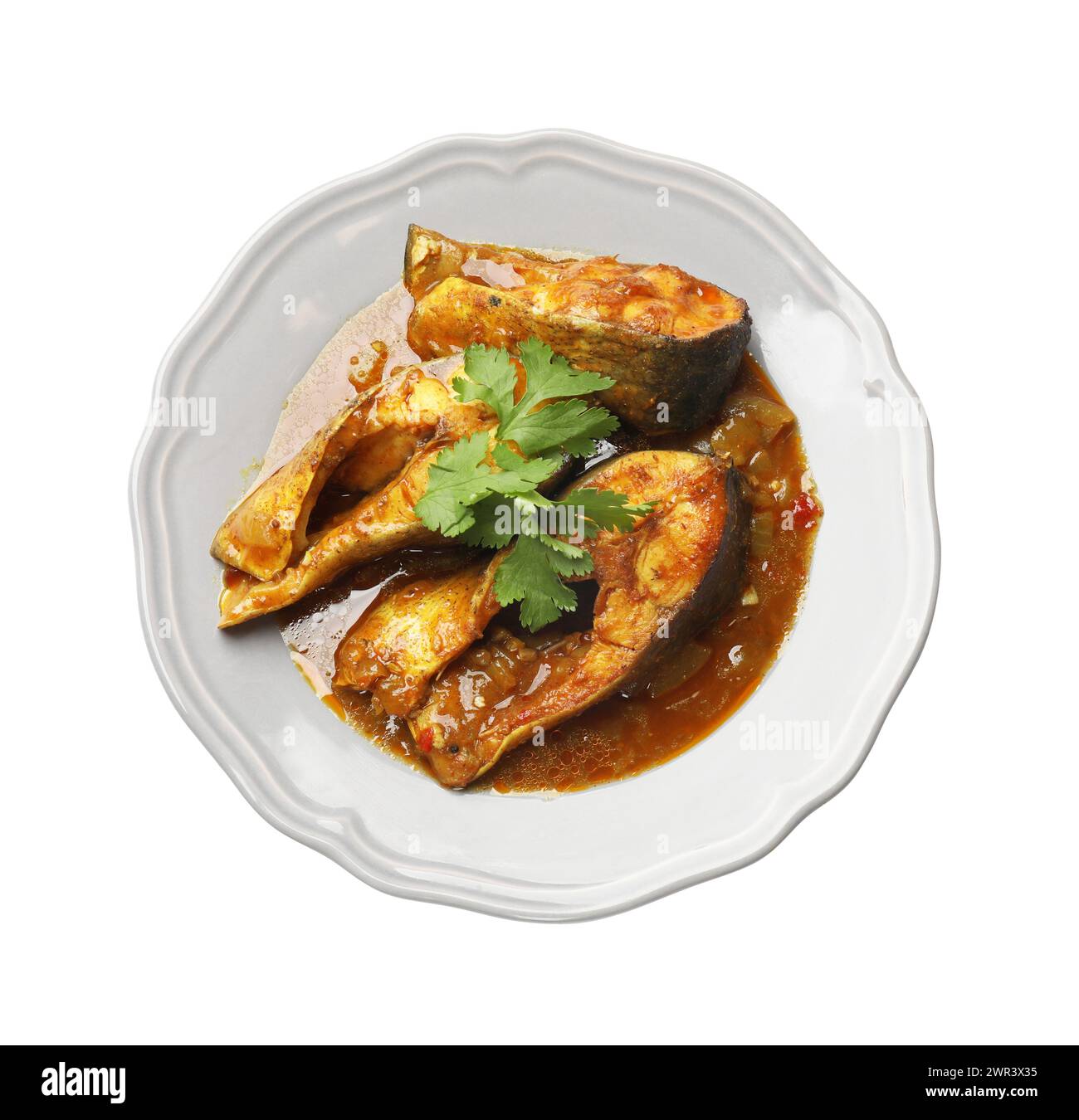 Tasty fish curry on white background, top view. Indian cuisine Stock ...