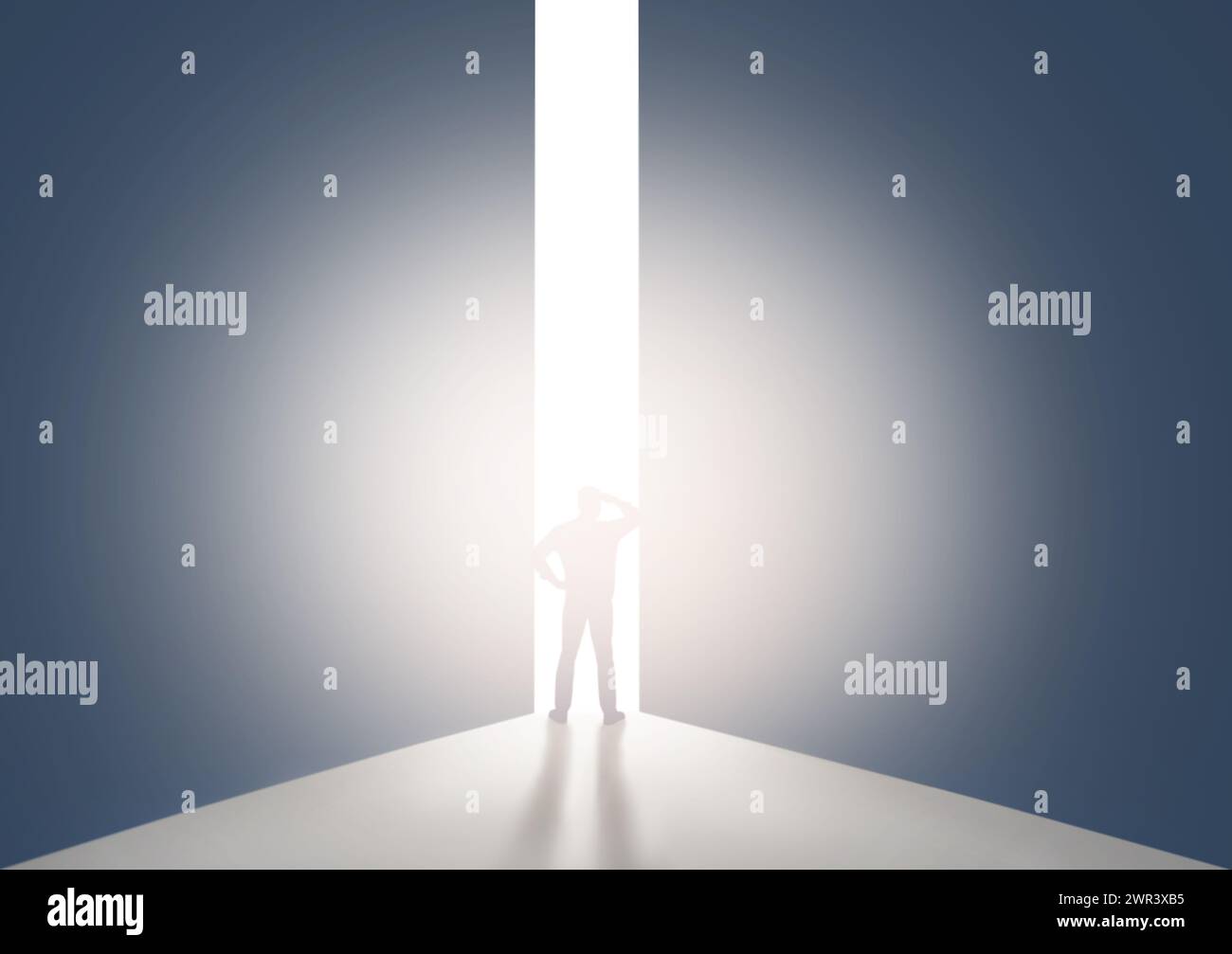 Silhouette of man standing in front of light hole, back view Stock ...