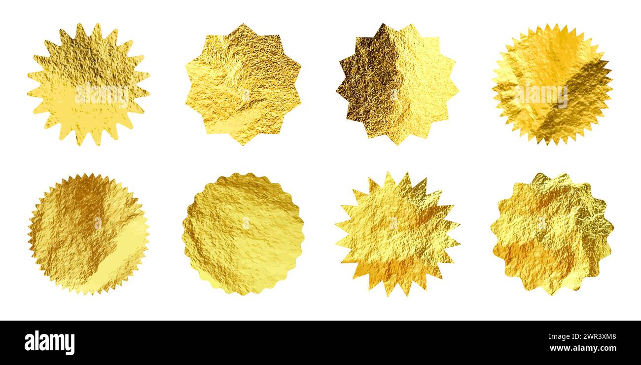 Golden stars, sunburst symbols. Shiny gold foil. Vintage sunbeam ...