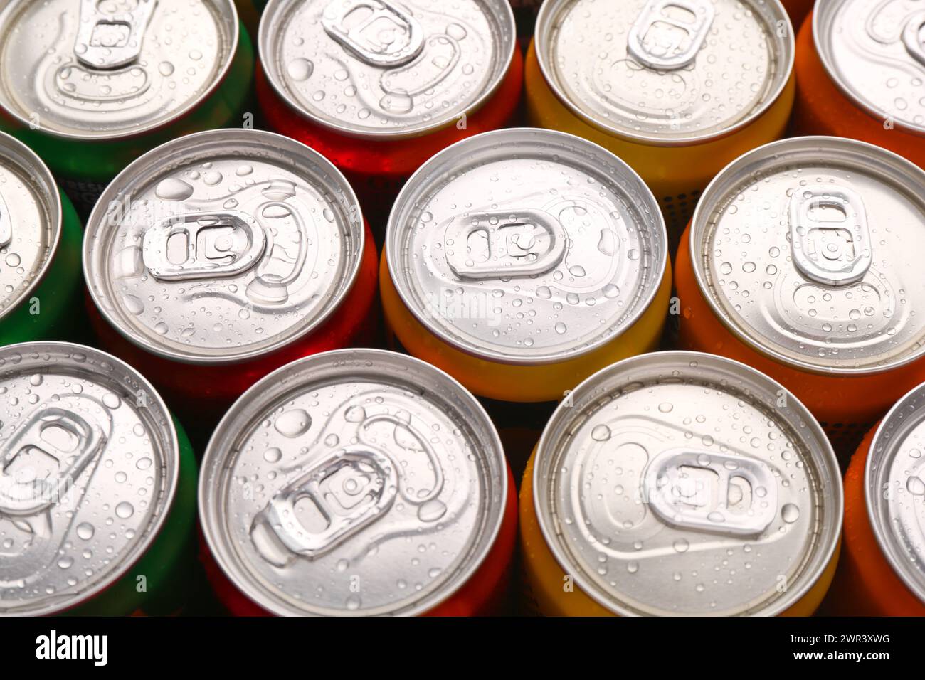 Energy drinks in wet cans, above view. Functional beverage Stock Photo ...