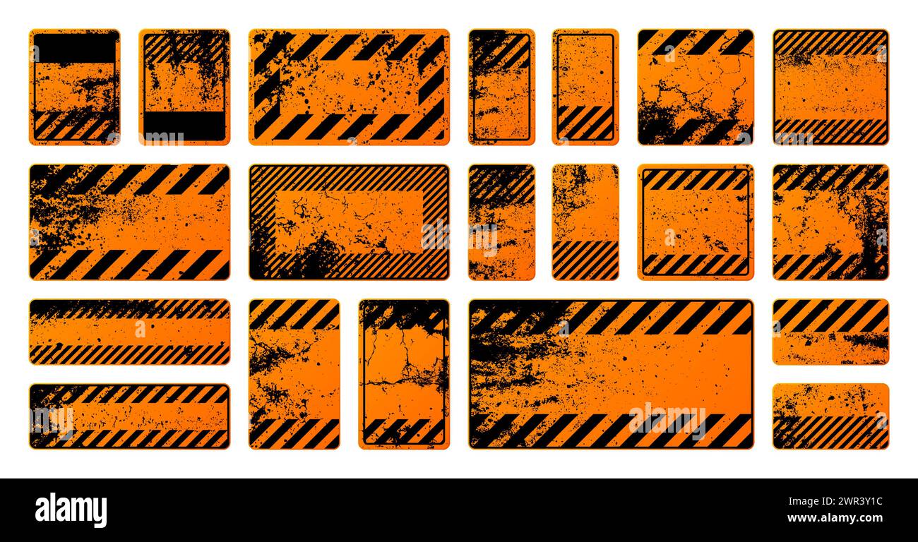 Orange grunge warning signs with diagonal lines. Old attention, danger ...