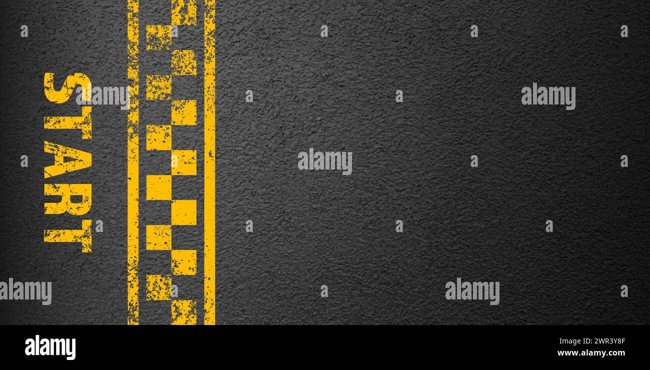 Asphalt road with yellow start line marking, concrete highway surface ...