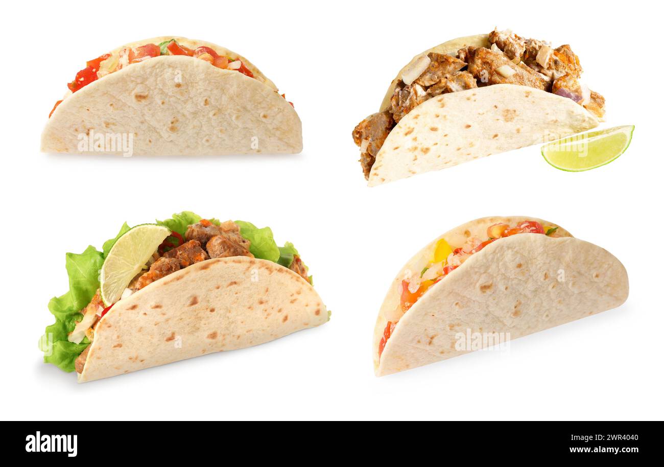 Different delicious tacos isolated on white, set Stock Photo - Alamy