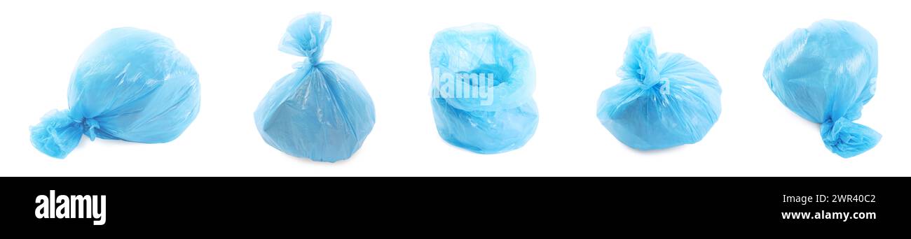 Light blue plastic garbage bags isolated on white, set Stock Photo - Alamy