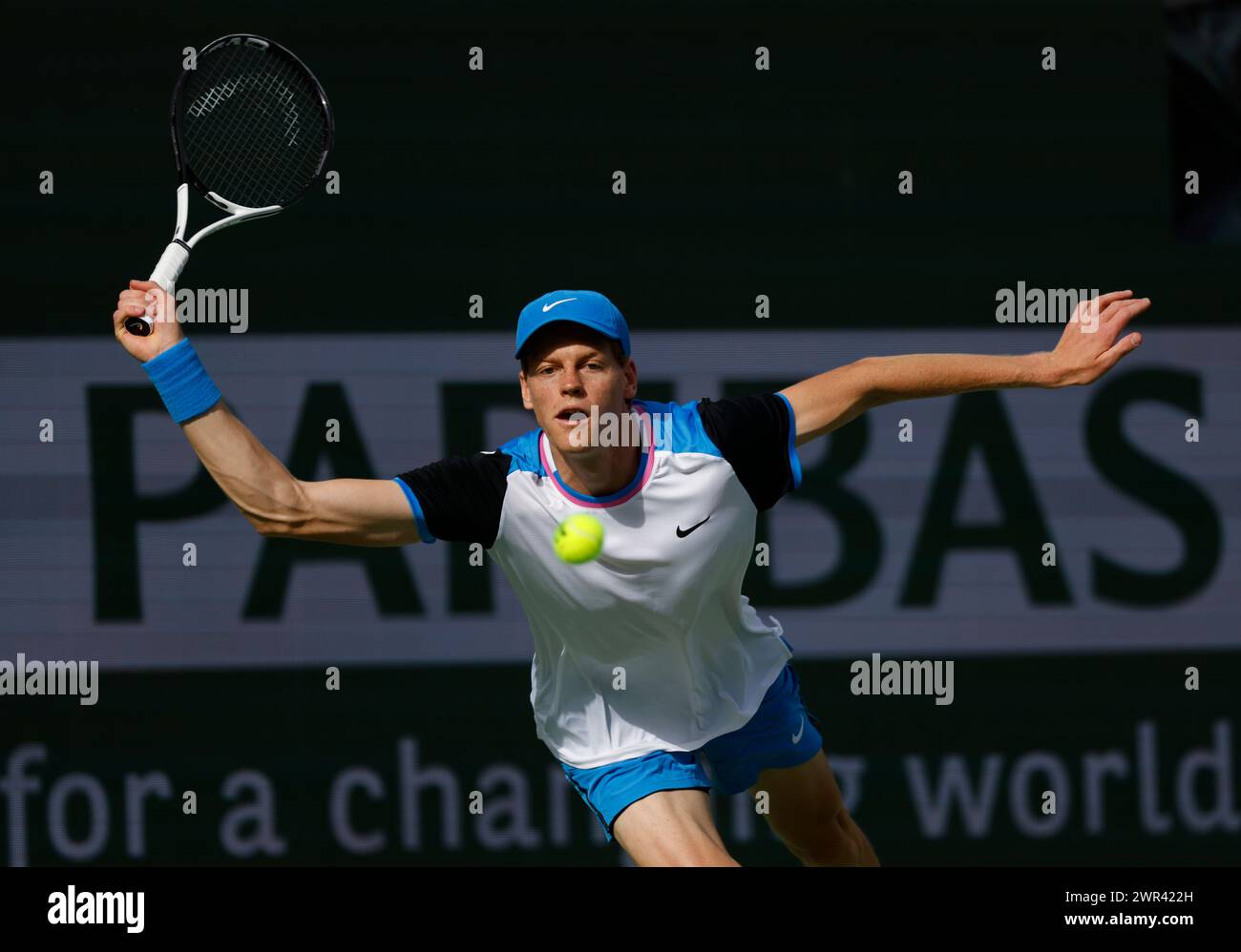 March 10, 2024 Jannik Sinner of Italy returns a shot against Jan ...