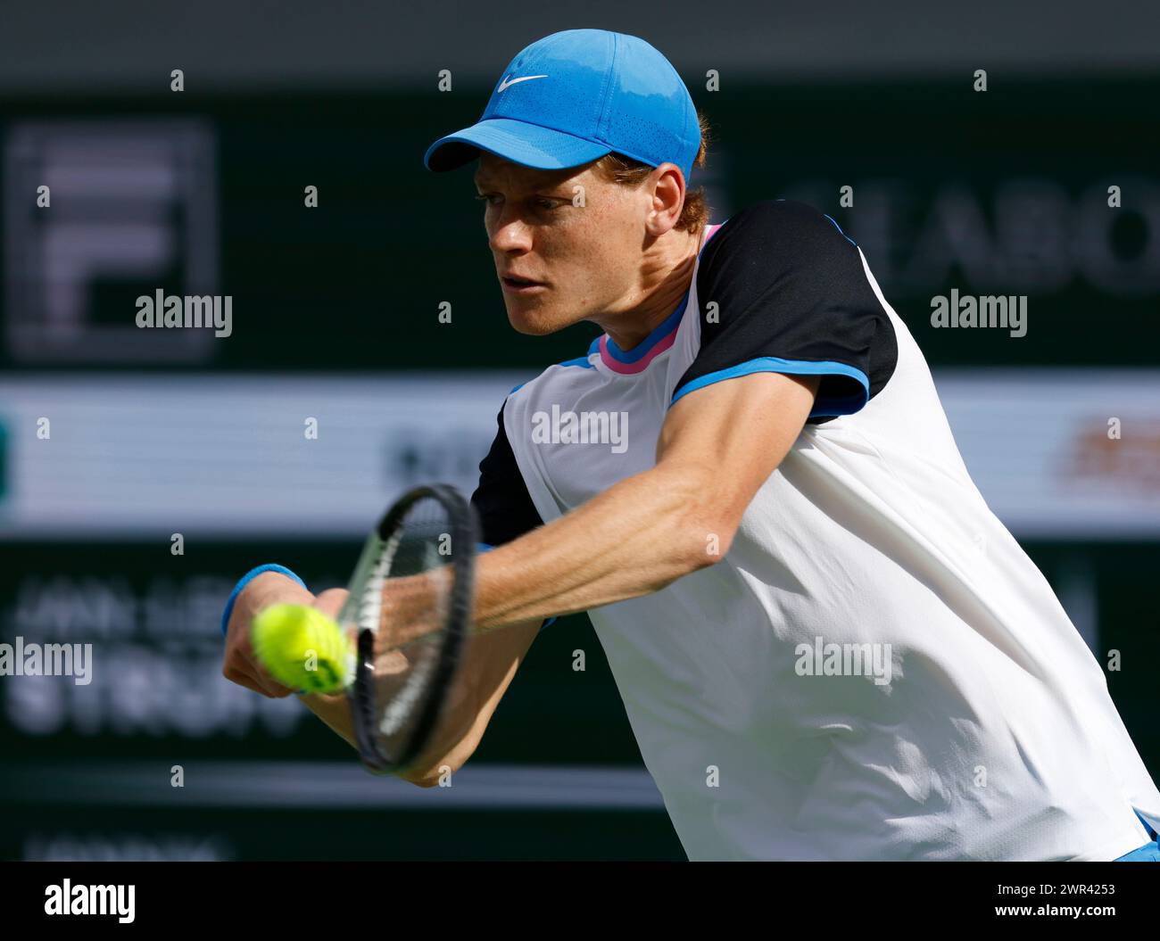 March 10, 2024 Jannik Sinner of Italy returns a shot against Jan ...