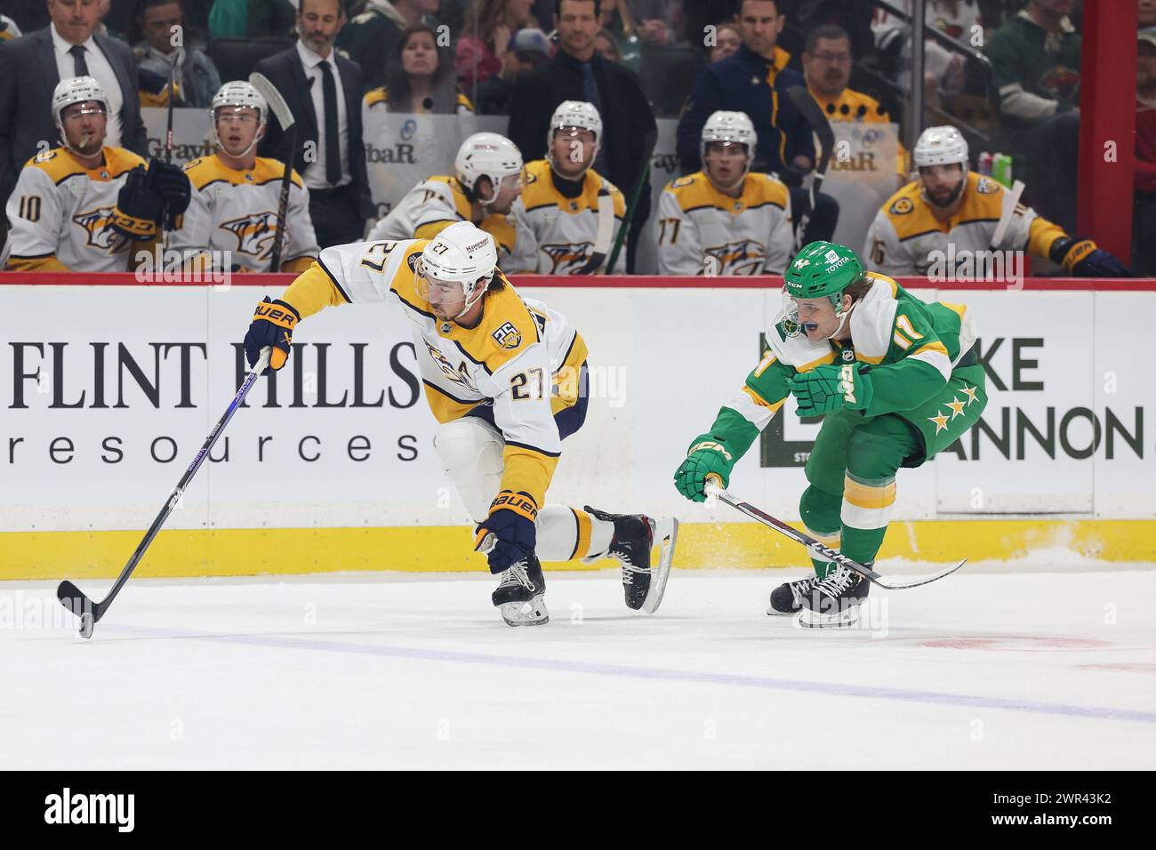Nashville Predators defenseman Ryan McDonagh (27) moves the puck ...
