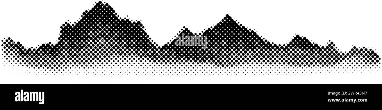 Grunge halftone mountain range. Black textured landscape terrain ...