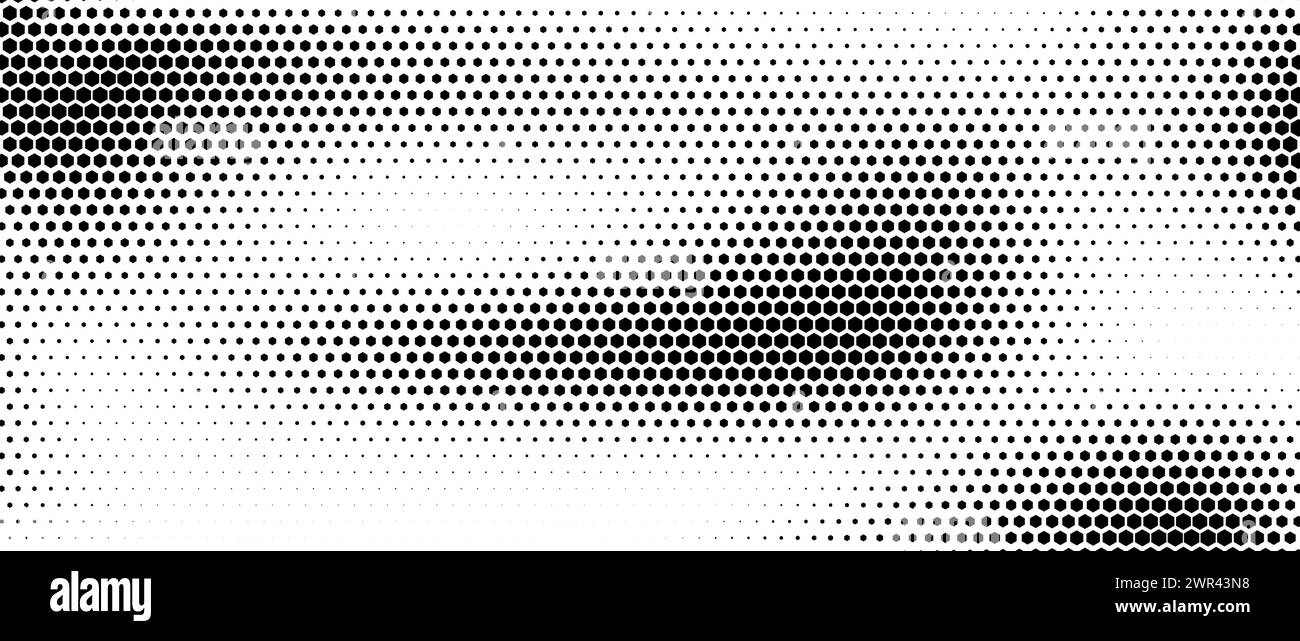 Hexagon halftone gradient texture. Abstract black and white spotted background. Geometric retro ...