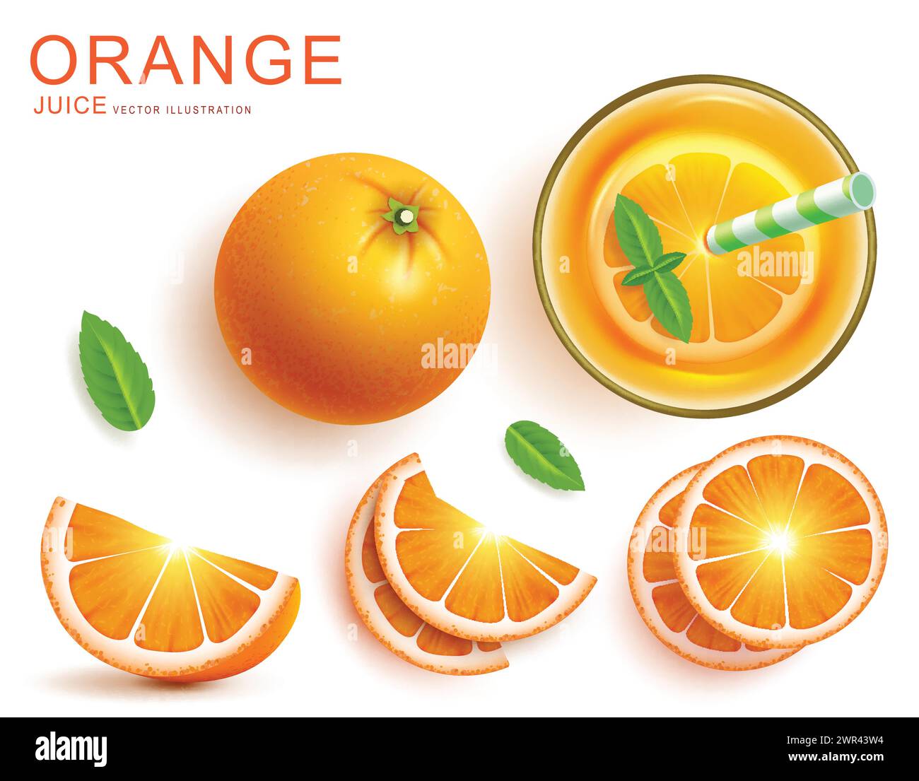 Summer orange juice vector set design. Orange juice beverage in glass ...