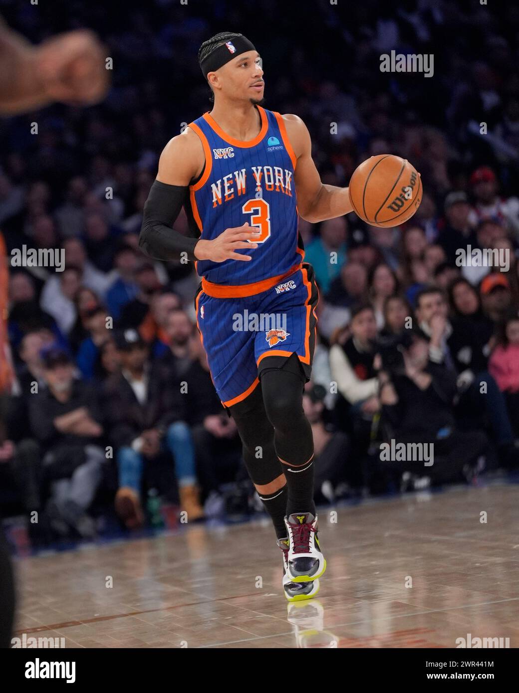 New York Knicks guard Josh Hart advances the ball during the second half of an NBA basketball ...