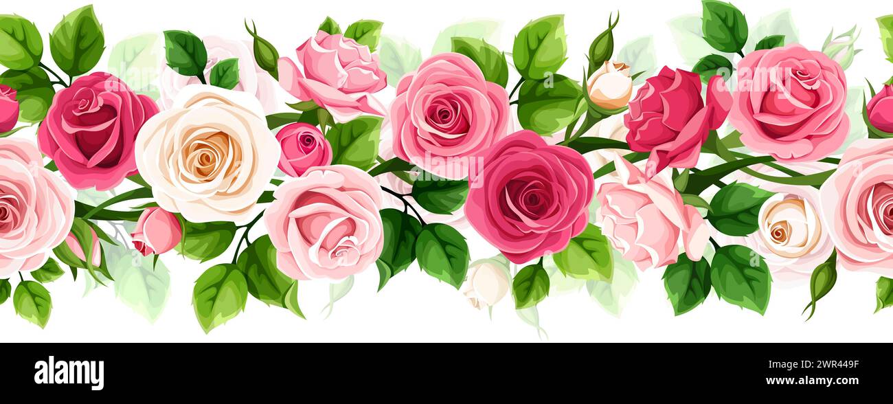 Floral seamless garland with red, pink, and white rose flowers and ...