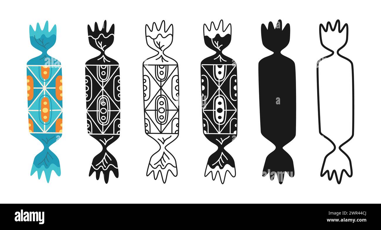 Wrapped candy with doodle ornament. Cartoon symbol bonbon, stamp ...