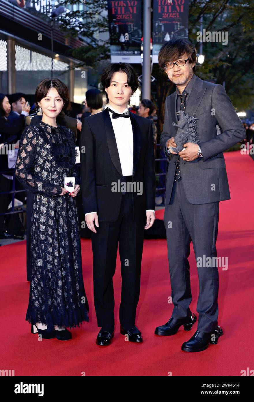 FILE: Japanese actors Minami Hamabe (L), Ryunosuke Kamiki (C), and ...