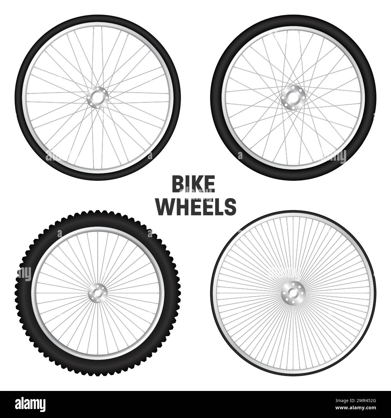 Realistic 3d bicycle wheels. Bike rubber tyres, shiny metal spokes and ...