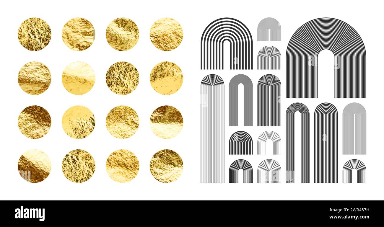 Mid century arch elements, modern geometric shapes. Gold foil, shiny ...