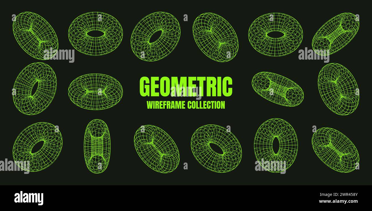 Wireframe shapes, lined torus. Perspective mesh, 3d grid. Low poly ...