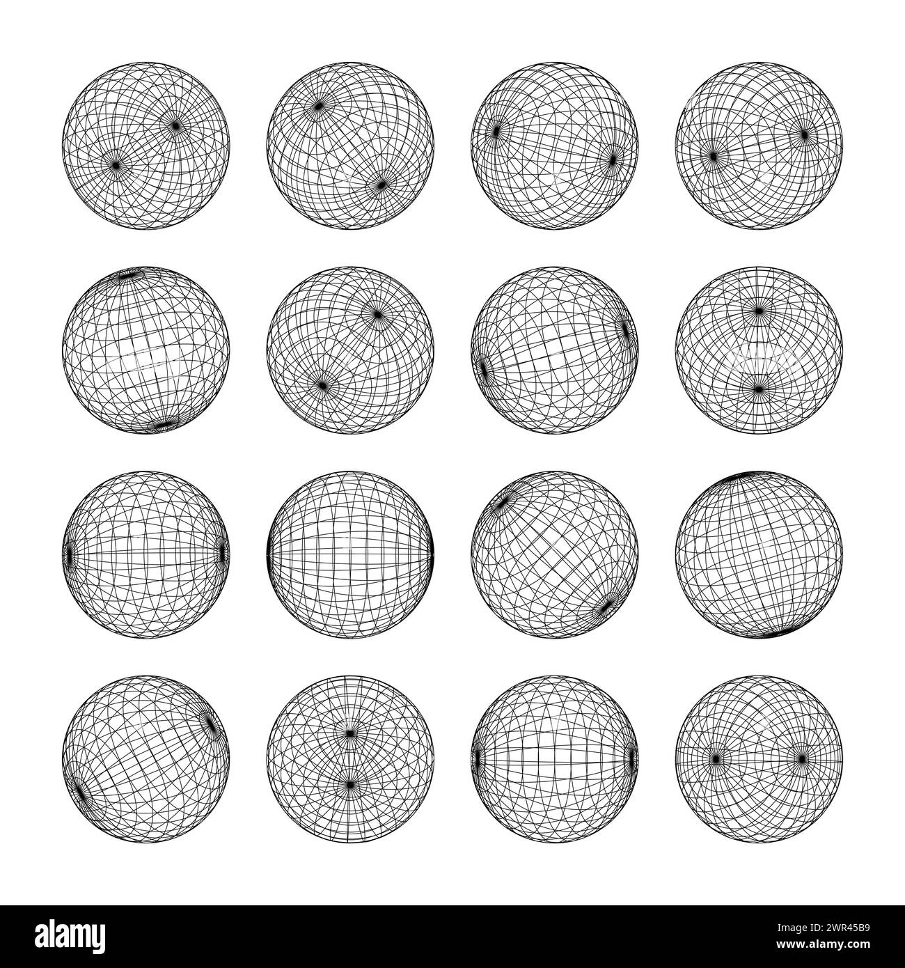 Wireframe shapes, lined sphere. Perspective mesh, 3d grid. Low poly ...