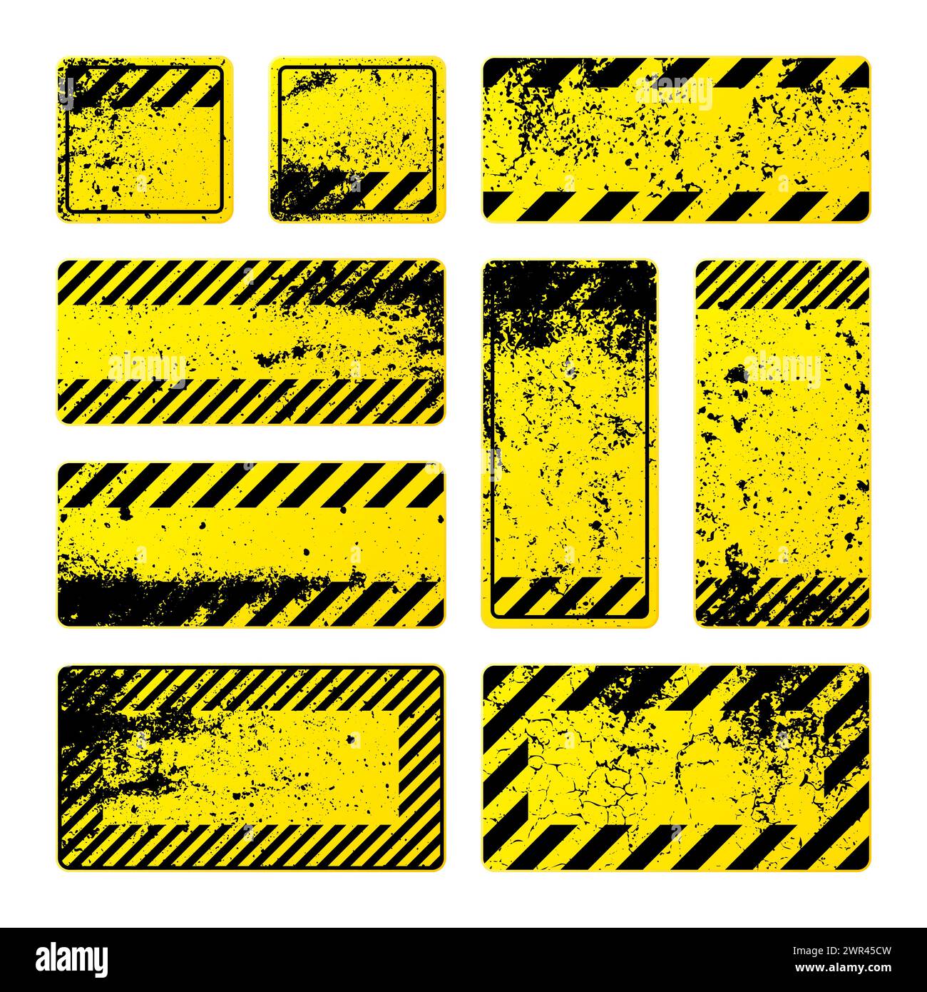 Various yellow grunge warning signs with diagonal lines. Old attention ...