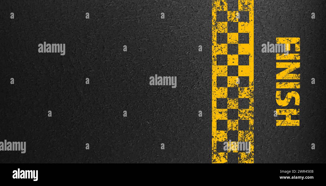 Asphalt road with yellow finish line marking, concrete highway surface ...