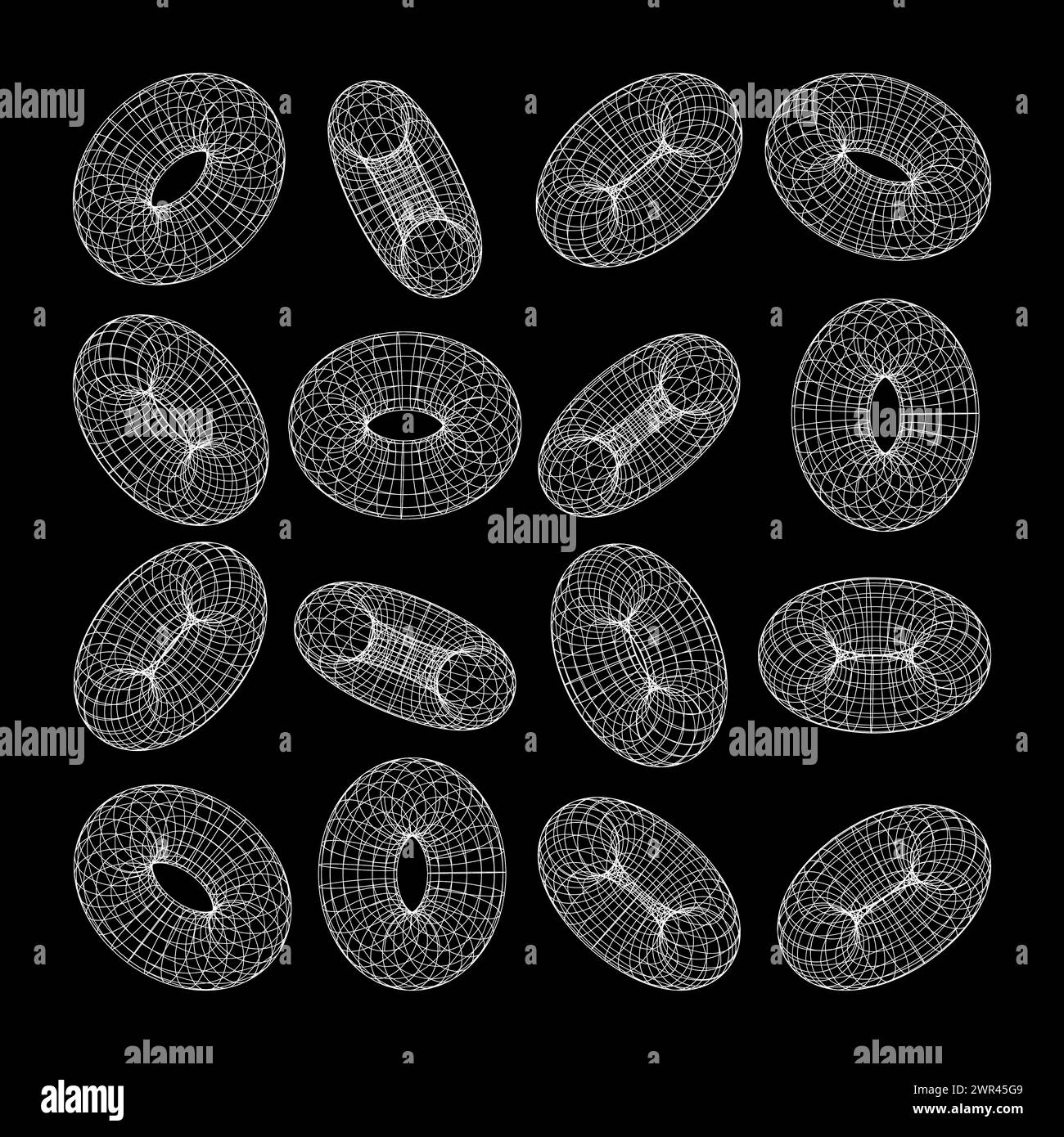Wireframe shapes, lined torus. Perspective mesh, 3d grid. Low poly ...