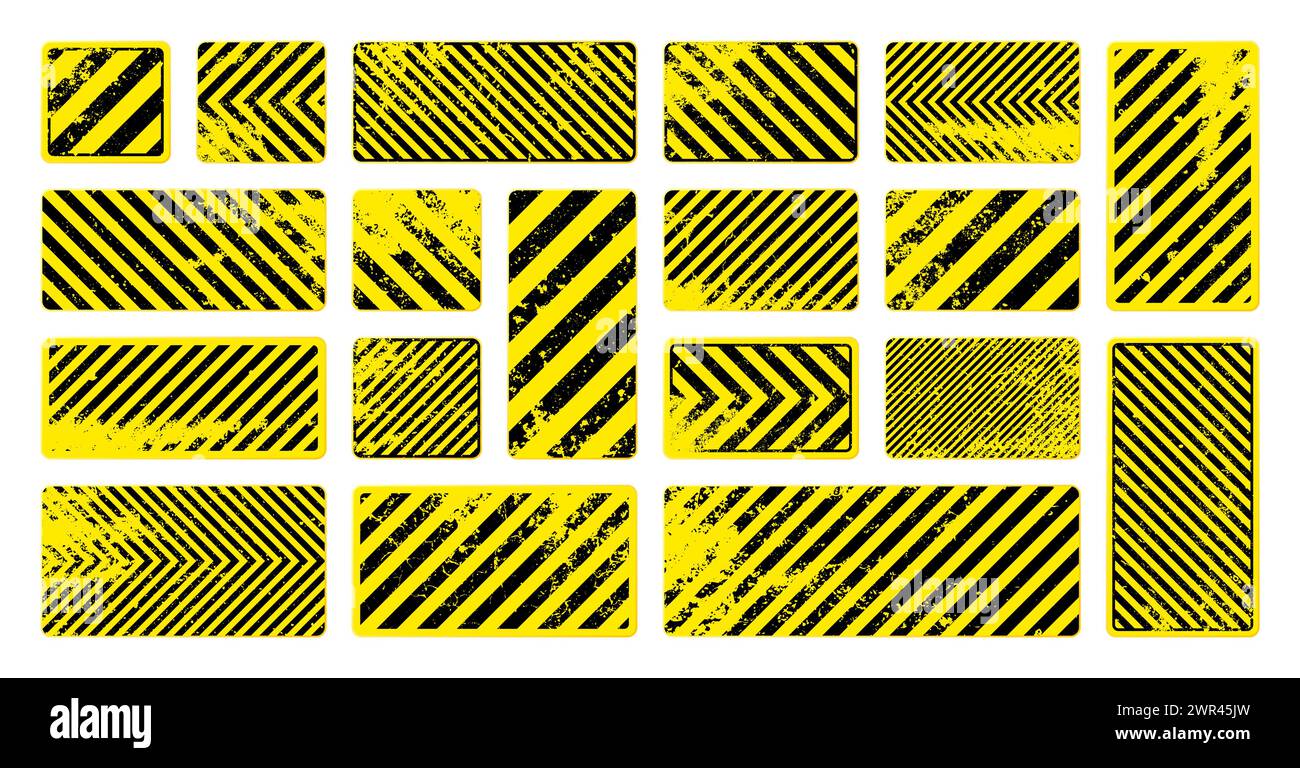 Various yellow grunge warning signs with diagonal lines. Old attention ...