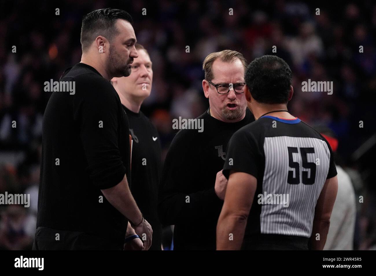 Philadelphia 76ers head coach Nick Nurse speaks with referee Bill ...