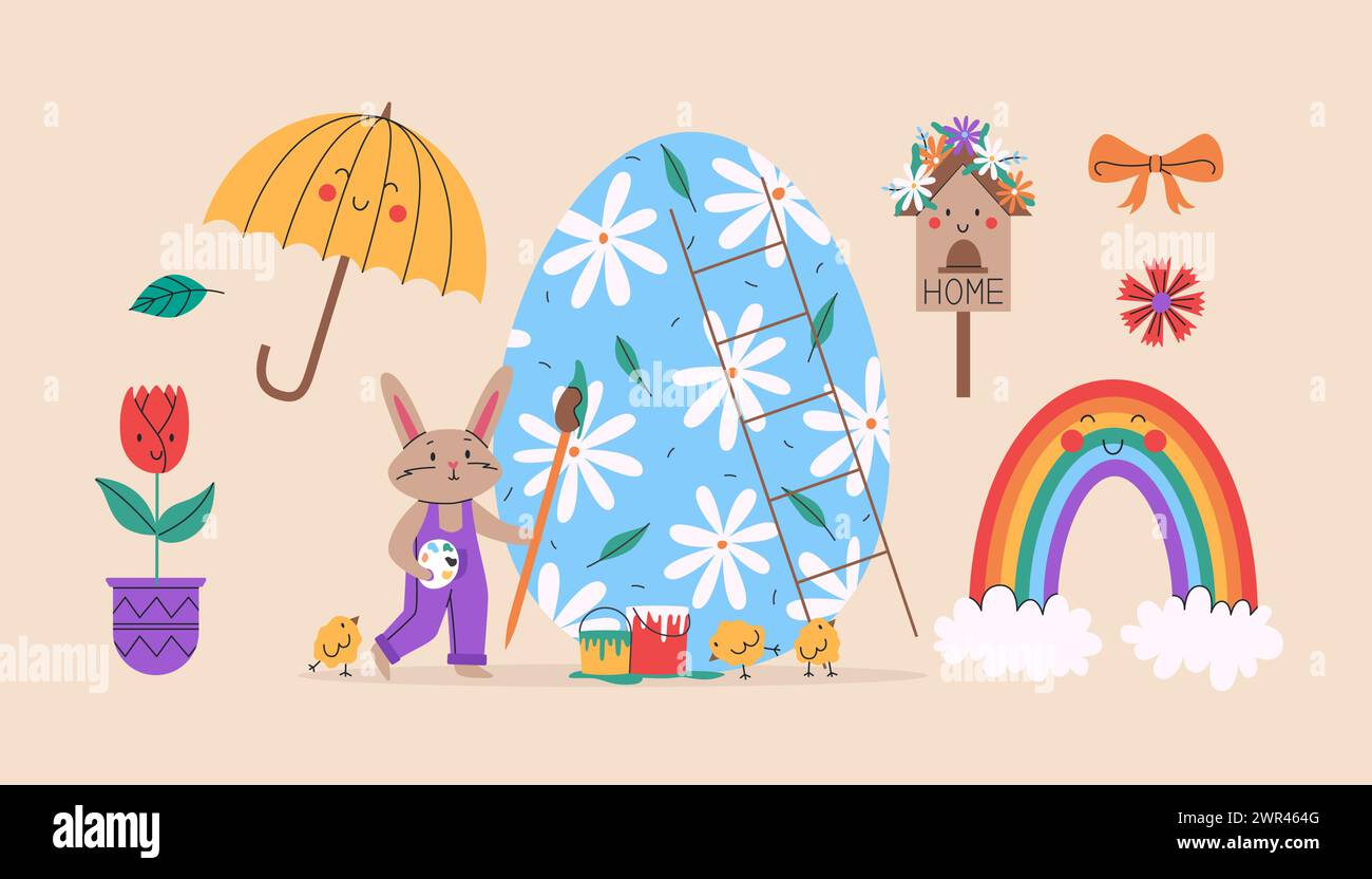 Cute rabbit decorate Easter egg with chicks. Spring set of cute objects ...