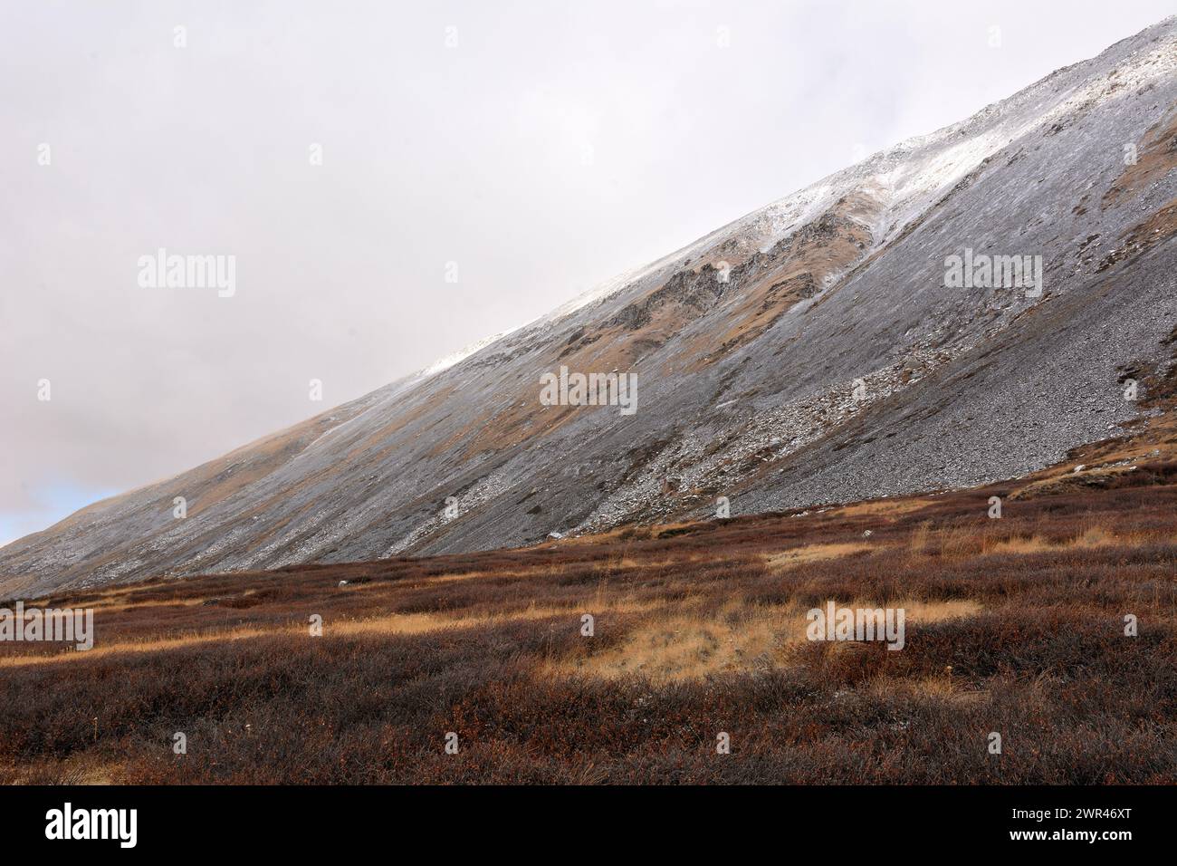 A gentle slope of a high mountain with a scattering of stones powdered ...