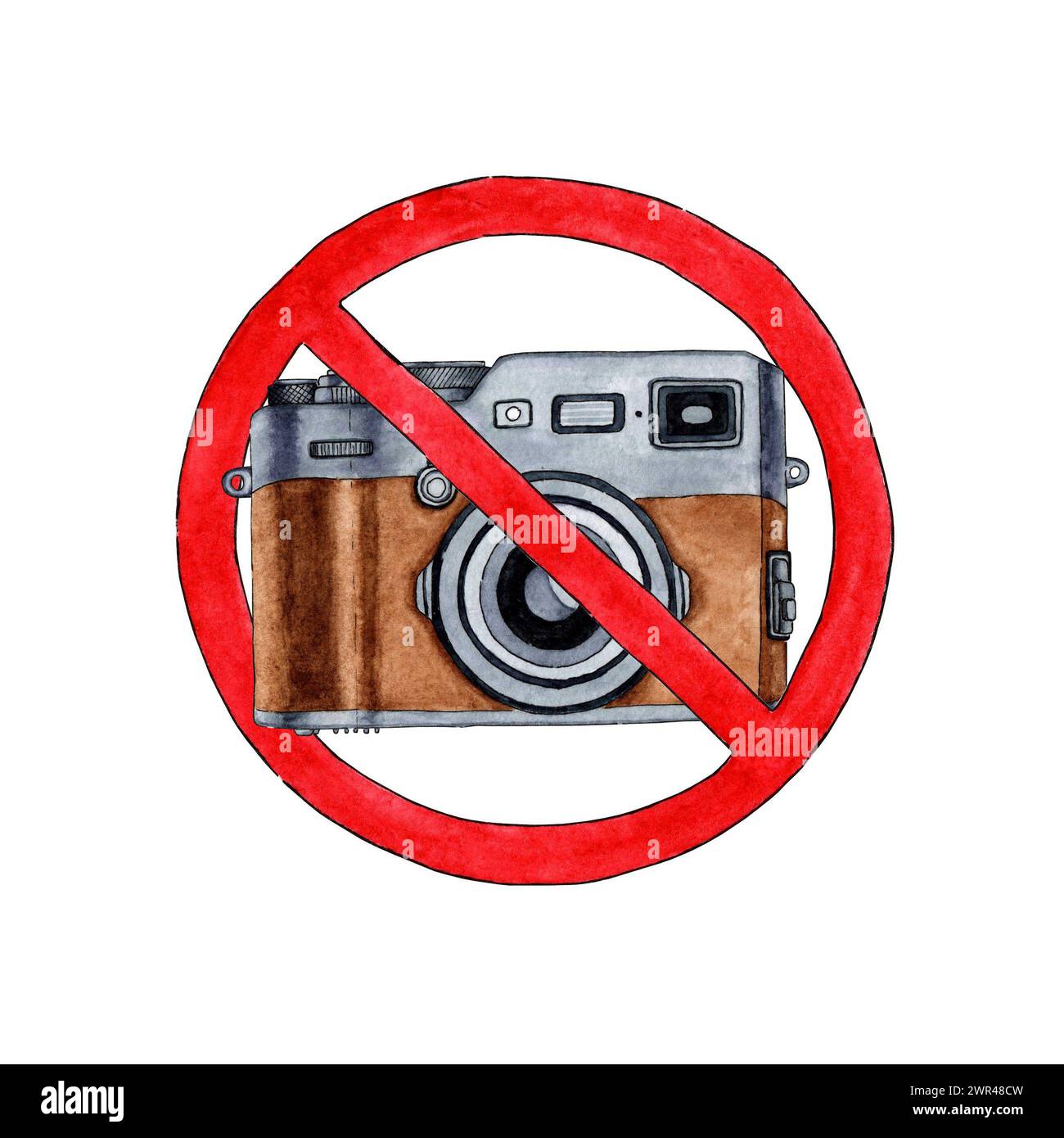 Watercolor illustration of a retro camera in a red prohibition circle ...