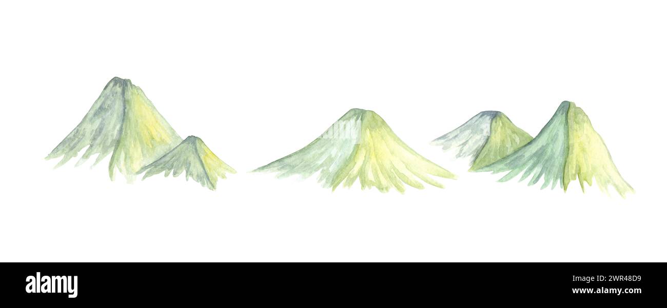 Watercolor illustration set of green alpine landscapes. Rocky Ridge ...