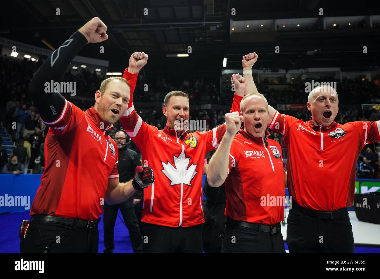Regina, Canada. 10th Mar, 2024. Team Canada lead Geoff Walker, from left to right skip Brad ...