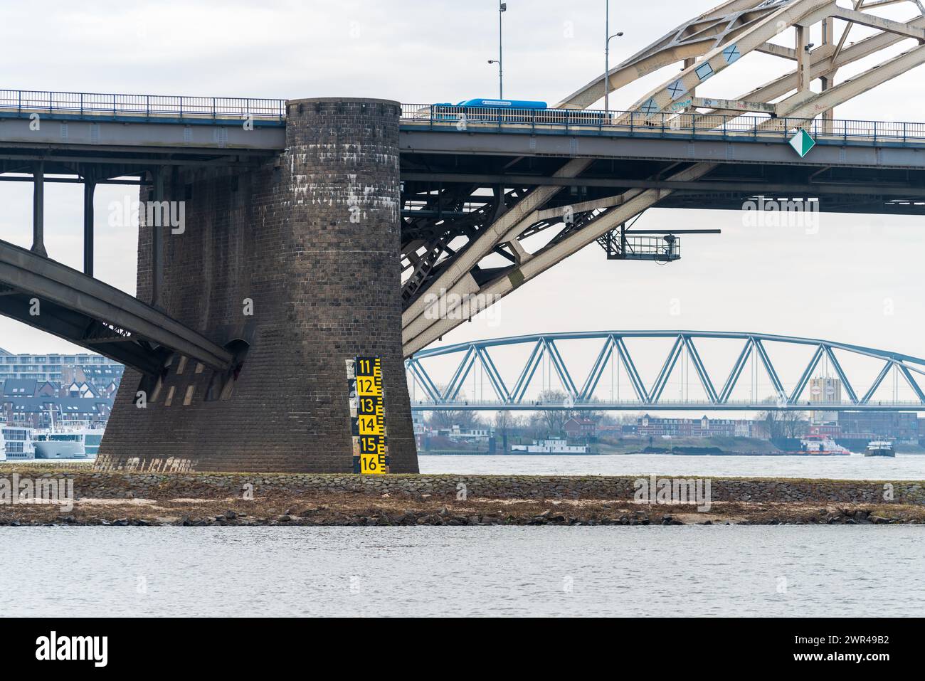 Pillar of the Waal bridge at Nijmegen, Netherlands with water level ...