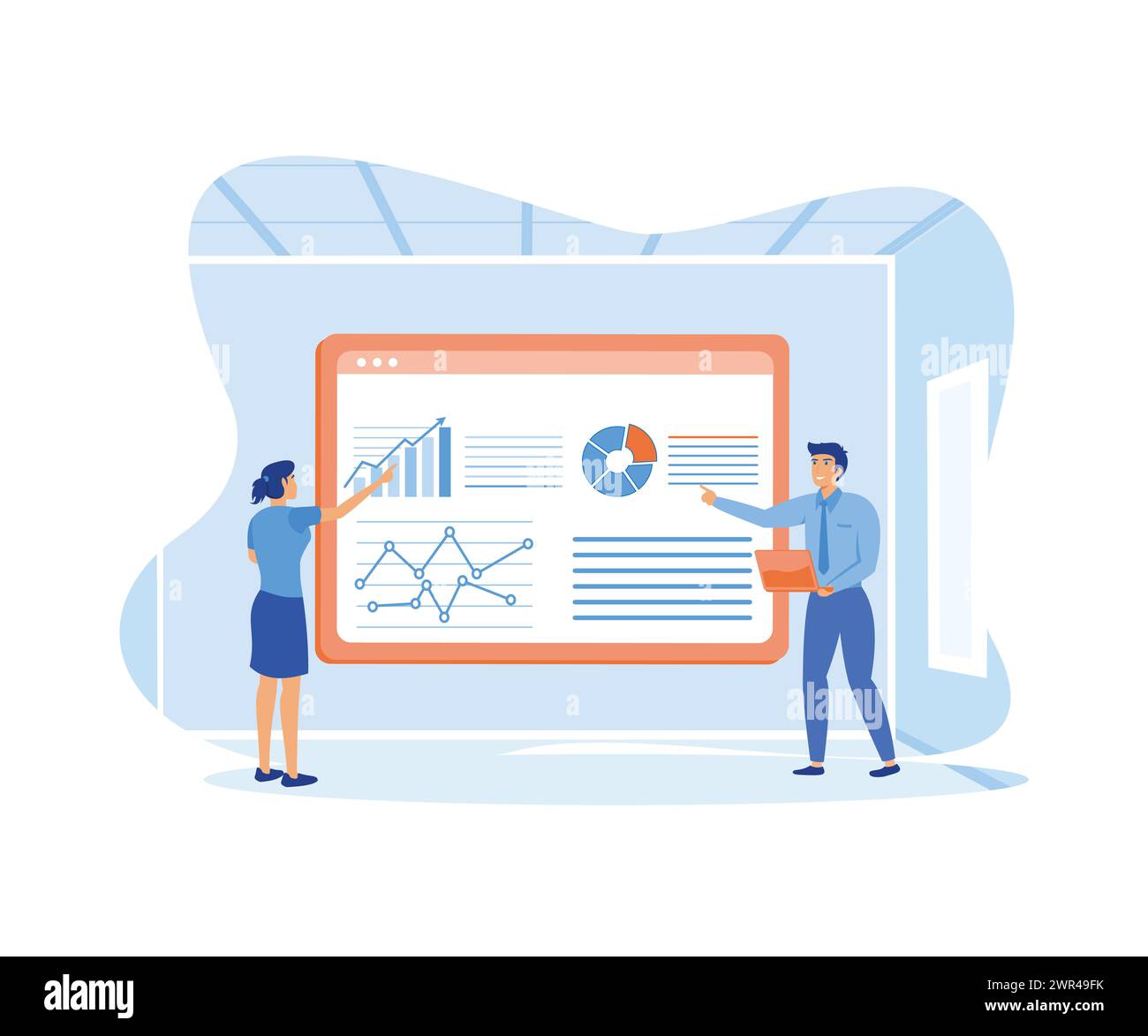 Girl and her colleague analyze information received, Employees look at ...