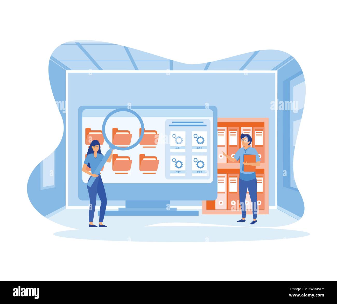 Employees searching and indexing file documents. File manager and data ...