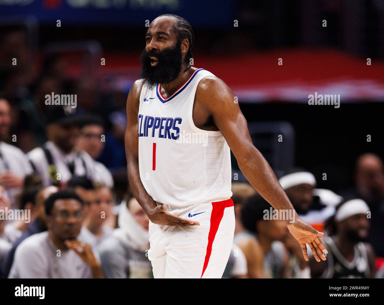 LOS ANGELES, CA - MARCH 10: LA Clippers guard James Harden (1) reacts ...