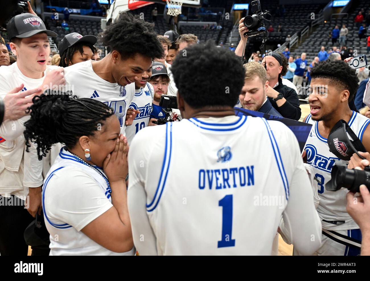 ST. LOUIS, MO - MARCH 10: Drake players celebrate after winning the ...