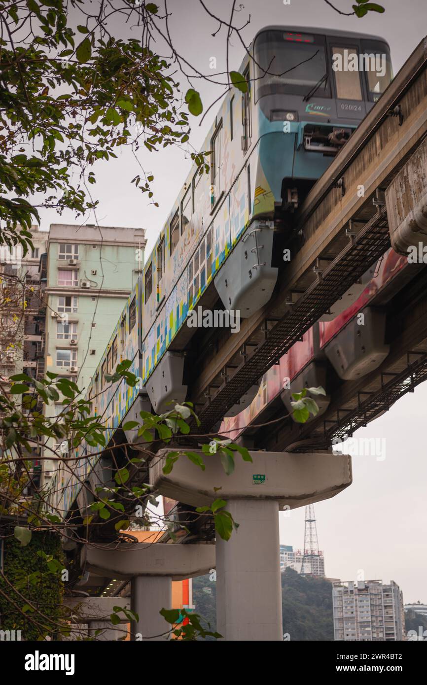 Chongqing China, 7 August 2021 : Close-up view of Chongqing metro train ...