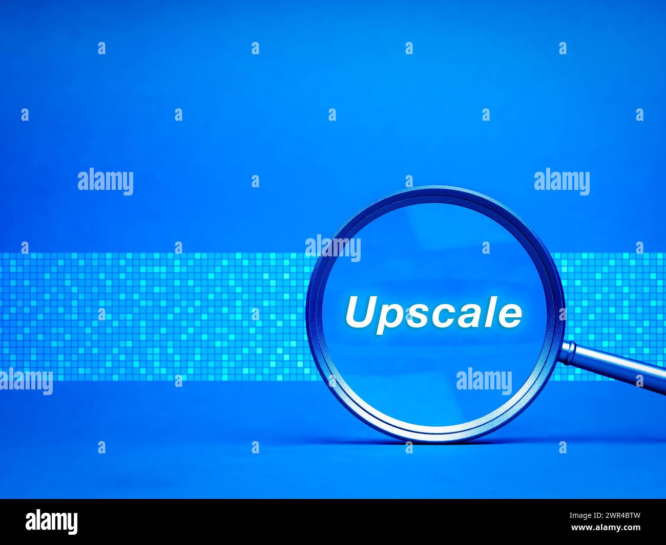 Upscale concept. Word "Upscale" in magnifying glass lens on blue ...