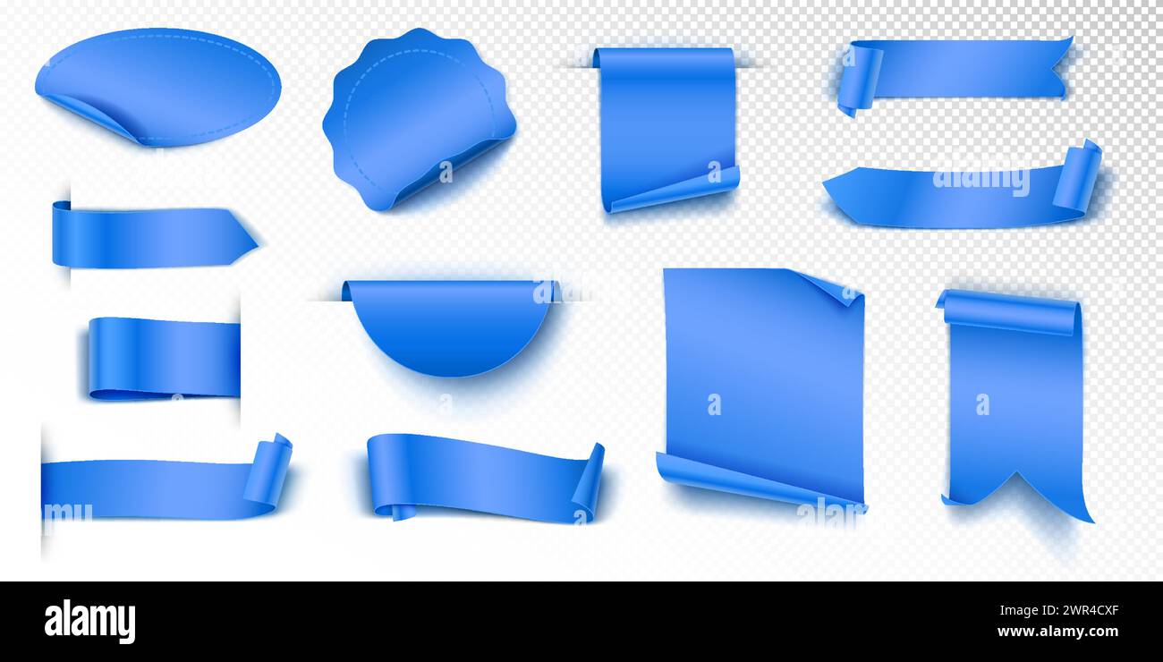 Blue advertising tags realistic vector illustration set. Announcing ...