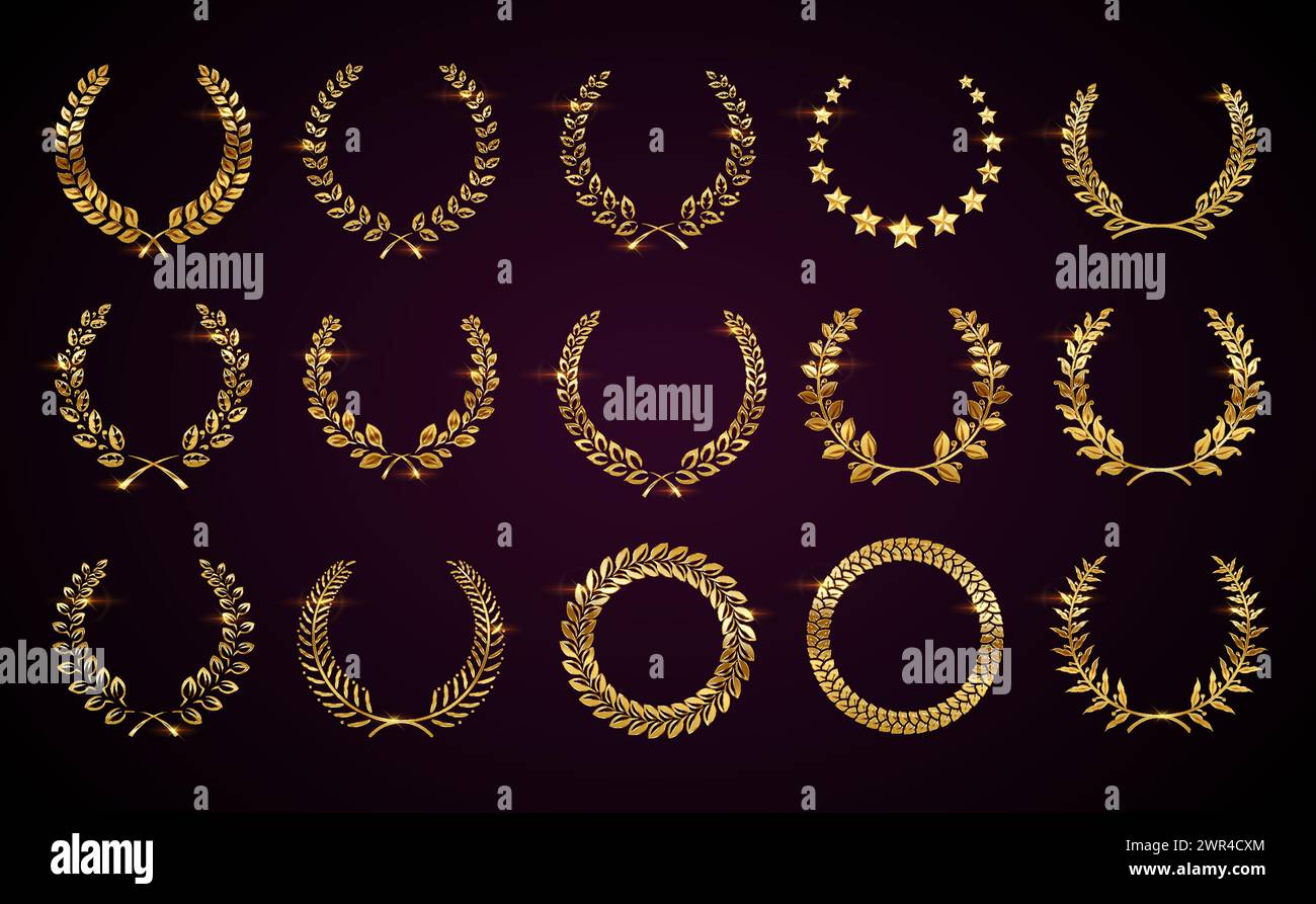 Golden laurel winner wreaths realistic vector illustration set. Classic ...