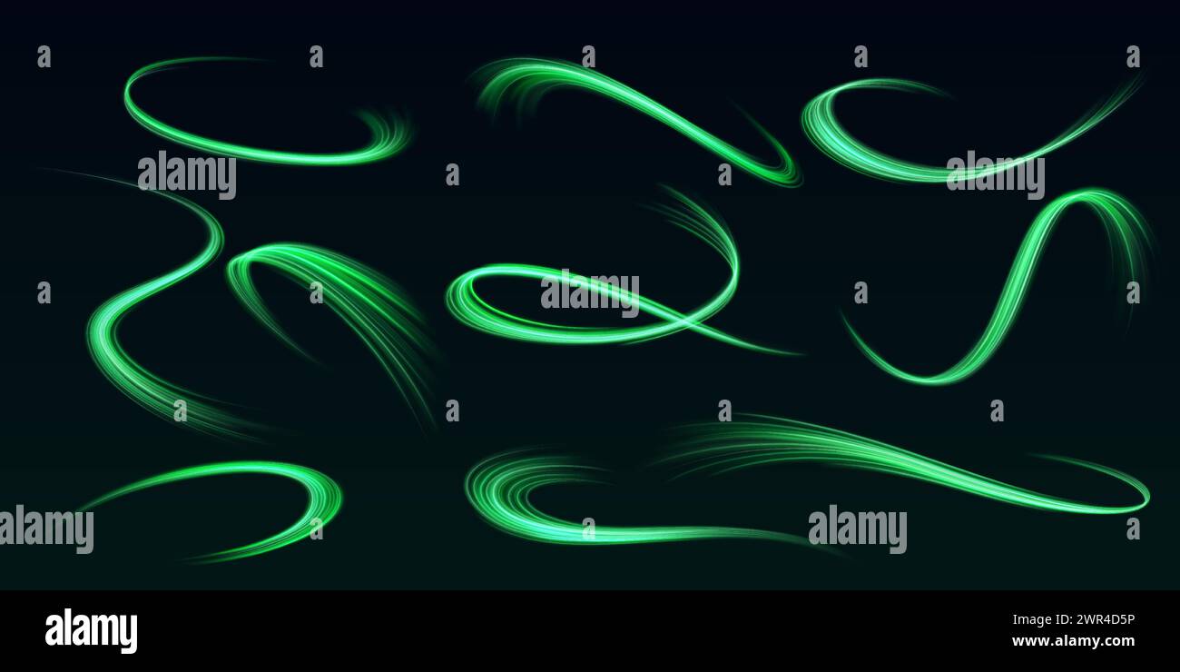 Sparkling green light lines realistic vector illustration set. Abstract ...