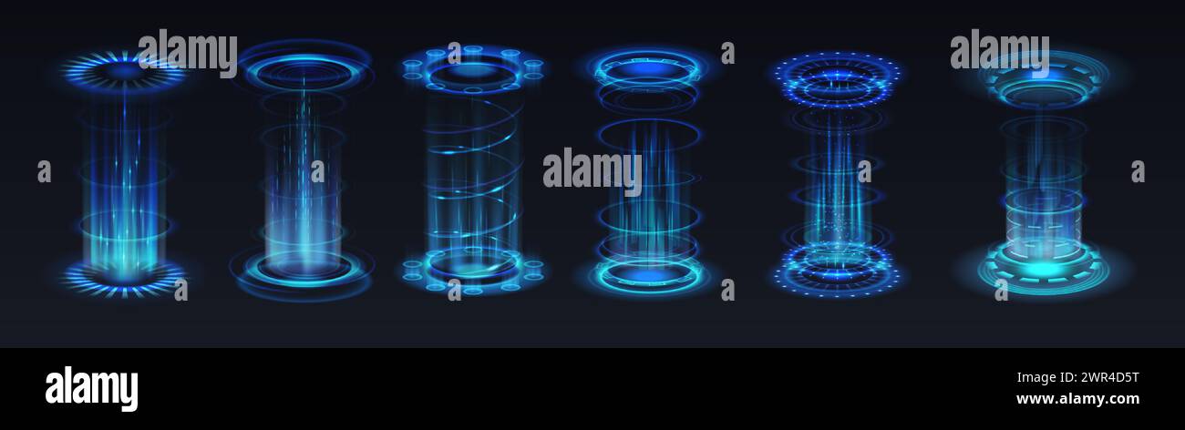 Futuristic teleportation technology realistic vector illustration set ...
