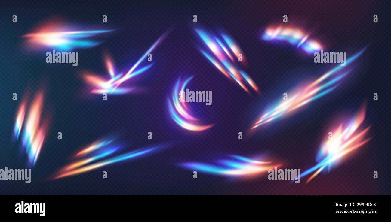 Rainbow light refraction realistic vector illustration set. Bright ...