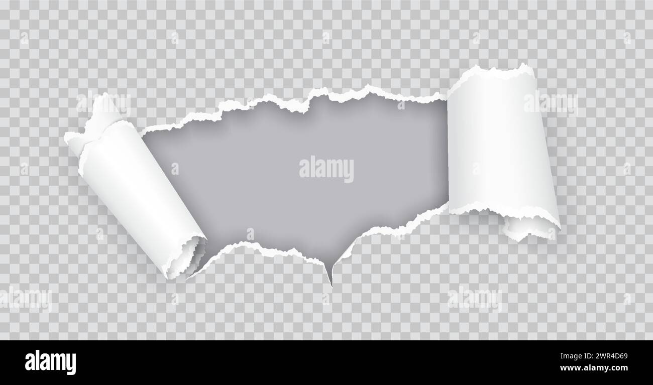 Ripped up paper over grey realistic vector illustration. Torn page with ...