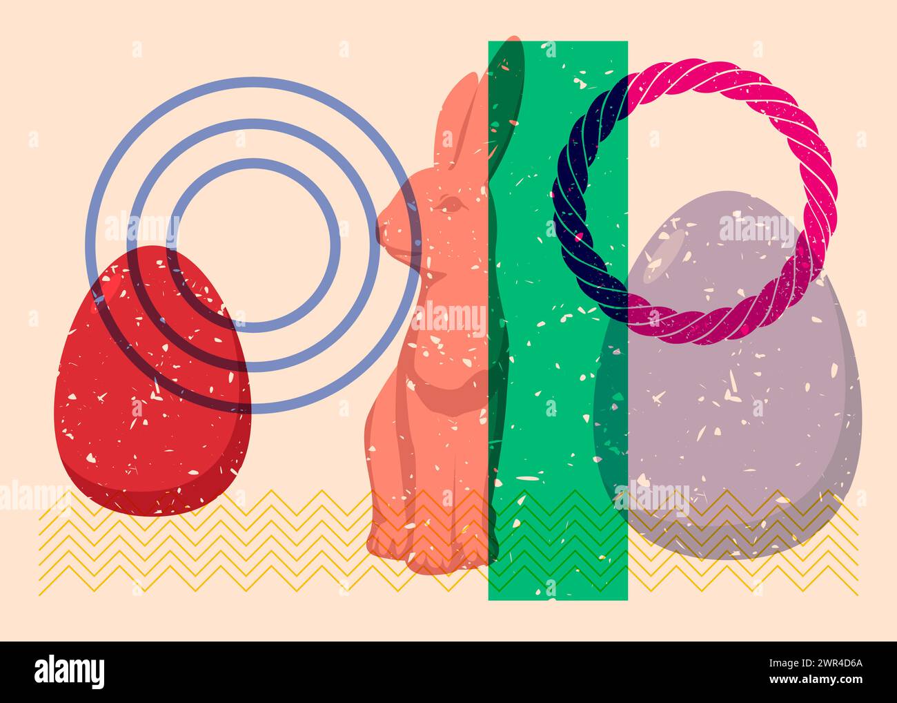 Risograph Easter Egg and Bunny with geometric shapes. Objects in trendy ...