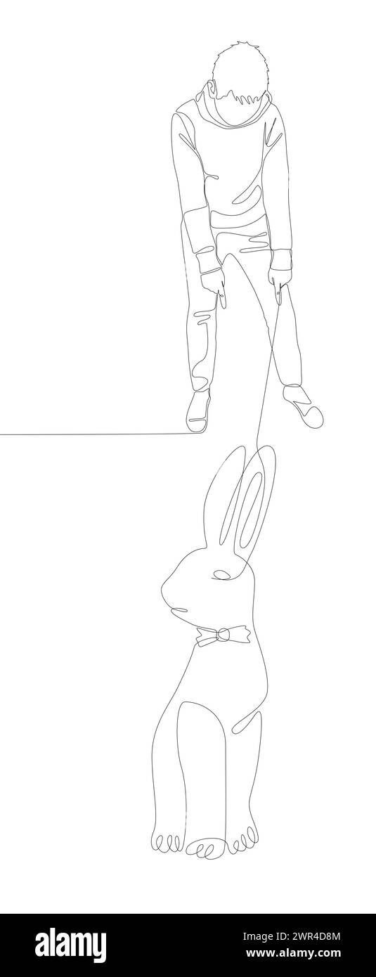 One continuous line of Man pointing with finger at Rabbit. Thin Line ...