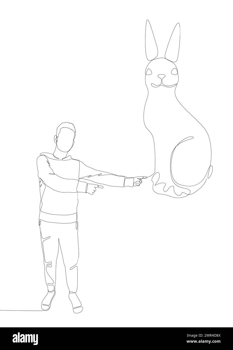 One continuous line of Man pointing with finger at Rabbit. Thin Line ...